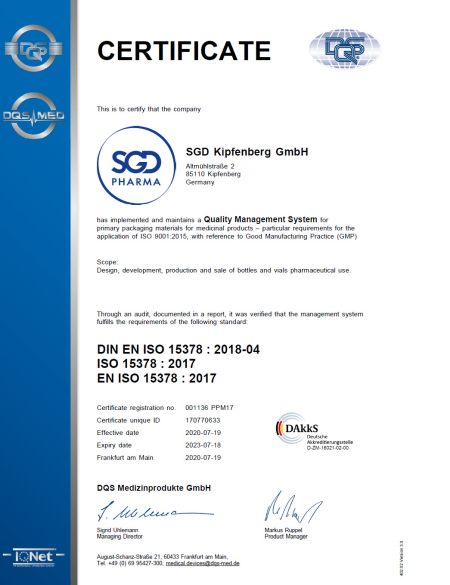 ISO 15378 SGD Kipfenberg GmbH | SGD Pharma